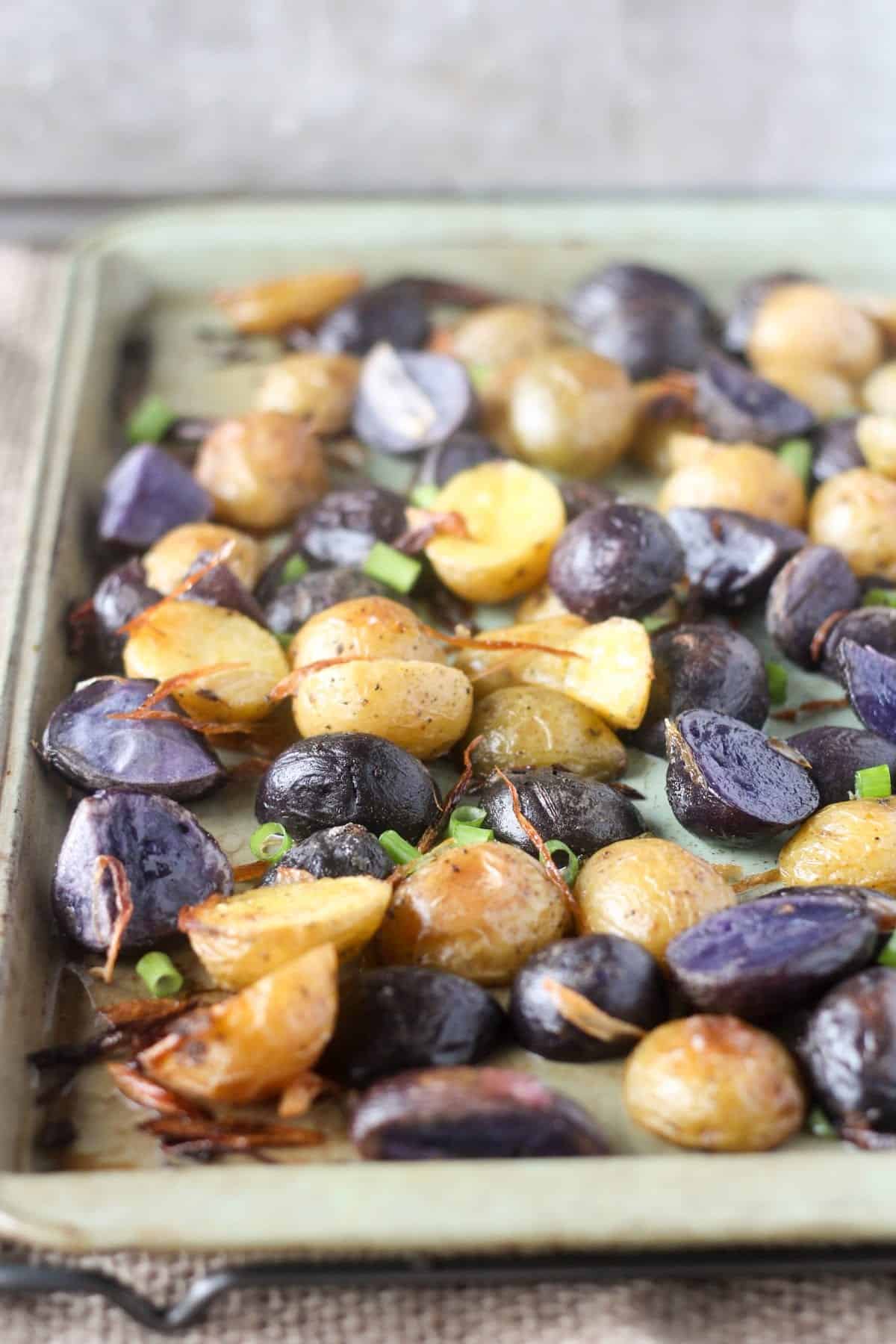 Crispy Roasted Purple Potatoes with Shallots - Blackberry Babe