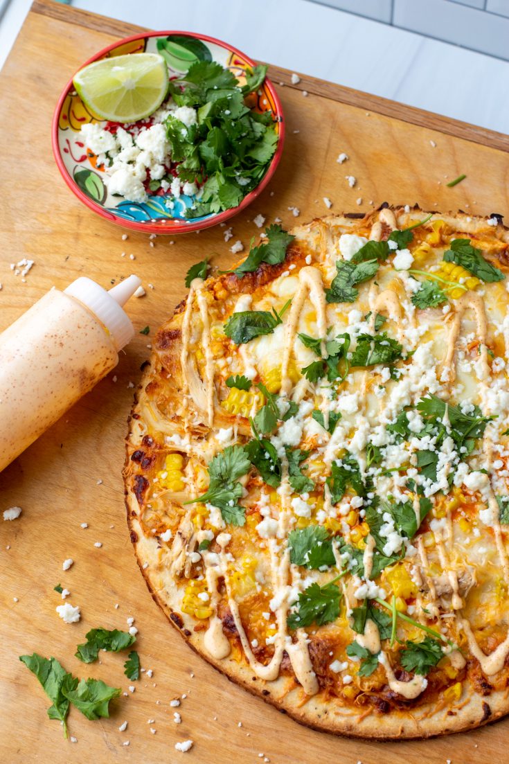 Mexican Chicken Flatbread with Elote Sauce - Recipe by Blackberry Babe