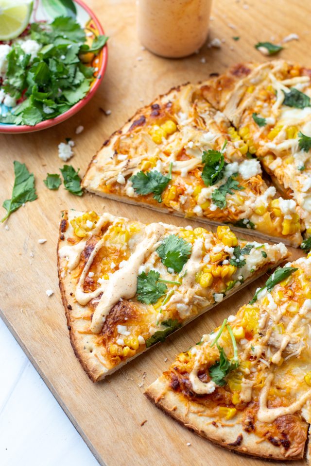 Mexican Chicken Flatbread with Elote Sauce - Recipe by Blackberry Babe