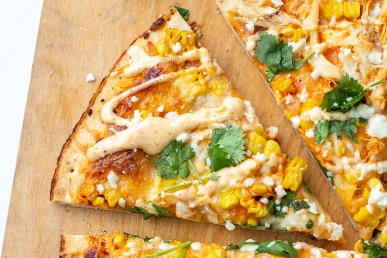 Mexican Chicken Flatbread with Elote Sauce - Recipe by Blackberry Babe