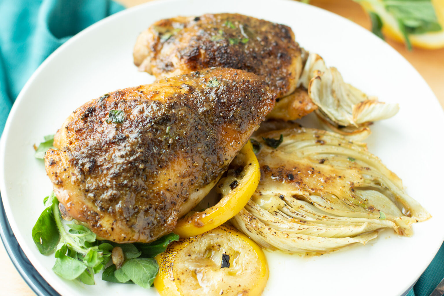 Greek Chicken Thighs with Charred Lemon and Roasted Fennel