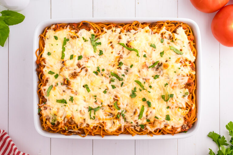 The Best Cheesy Baked Spaghetti Casserole with Meat Sauce