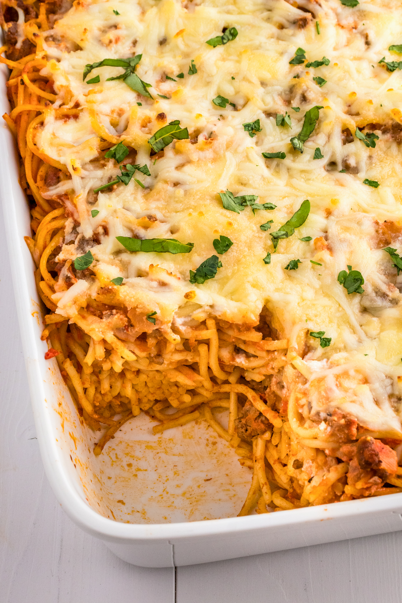 The Best Cheesy Baked Spaghetti Casserole with Meat Sauce