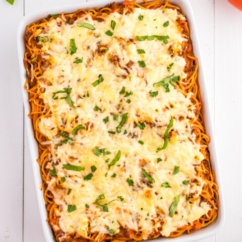 The Best Cheesy Baked Spaghetti Casserole with Meat Sauce